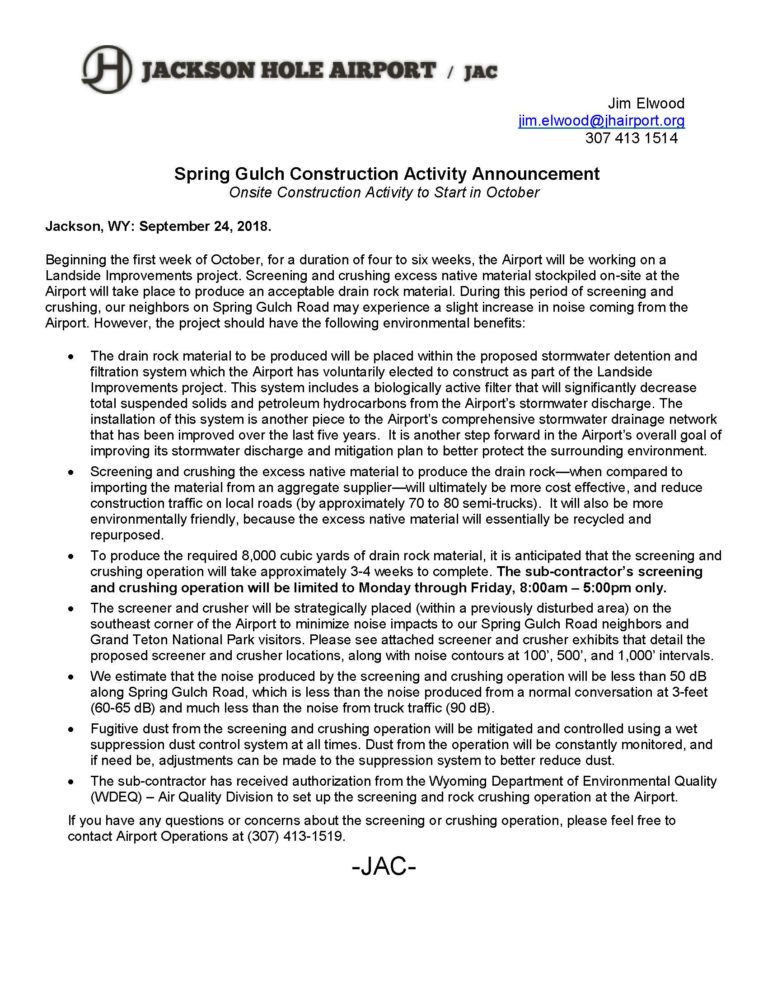 Spring Gulch Road Construction Activity Announcement - Jackson Hole Airport